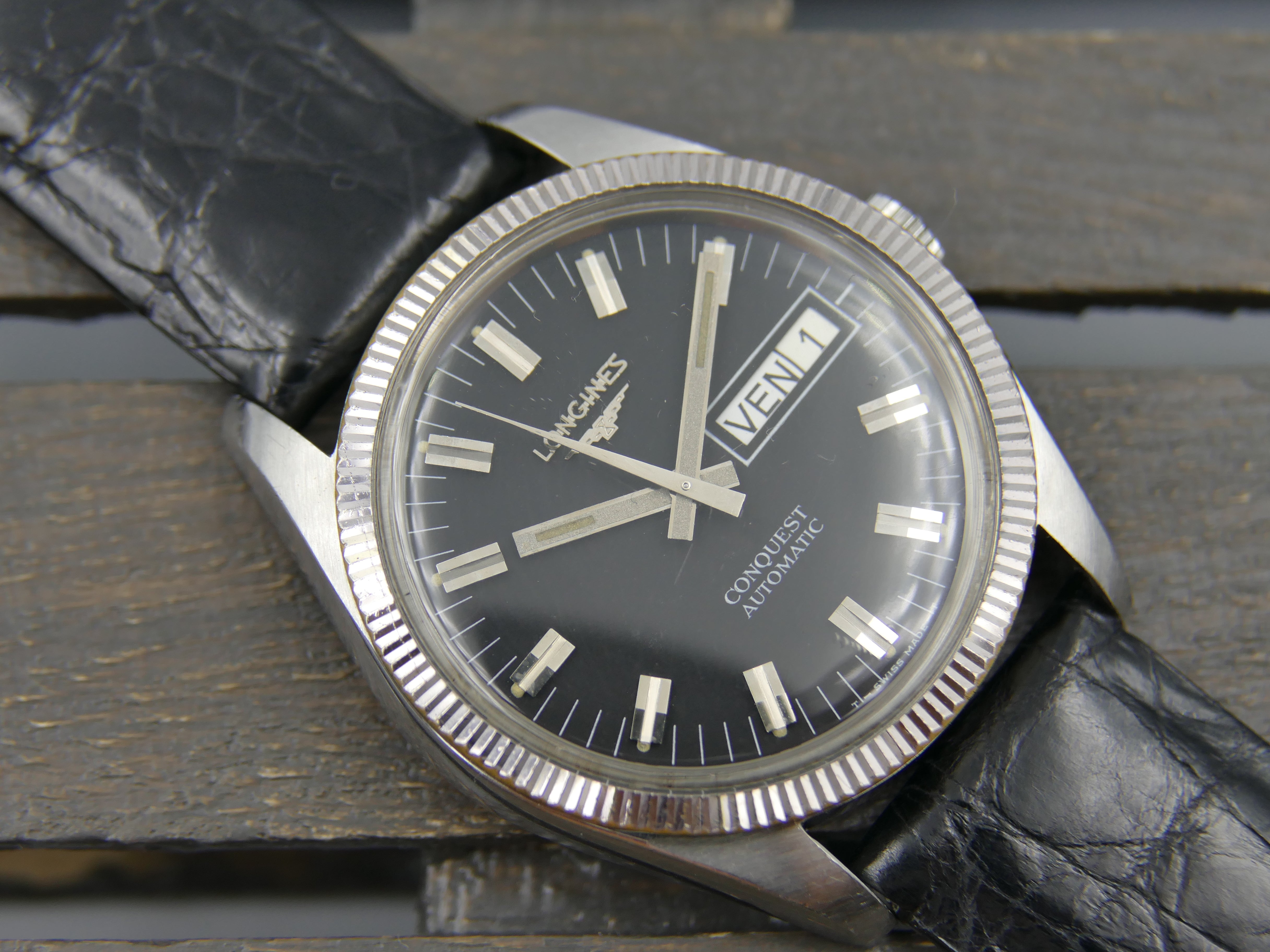 70s vintage mens Longines Conquest 1567-1 / 7971 automatic L636.1 blac ...